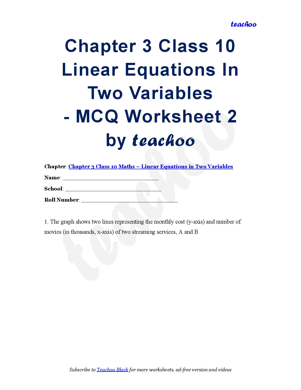 MCQ Questions Worksheet – Class 10 - Linear Equation in 2 variables