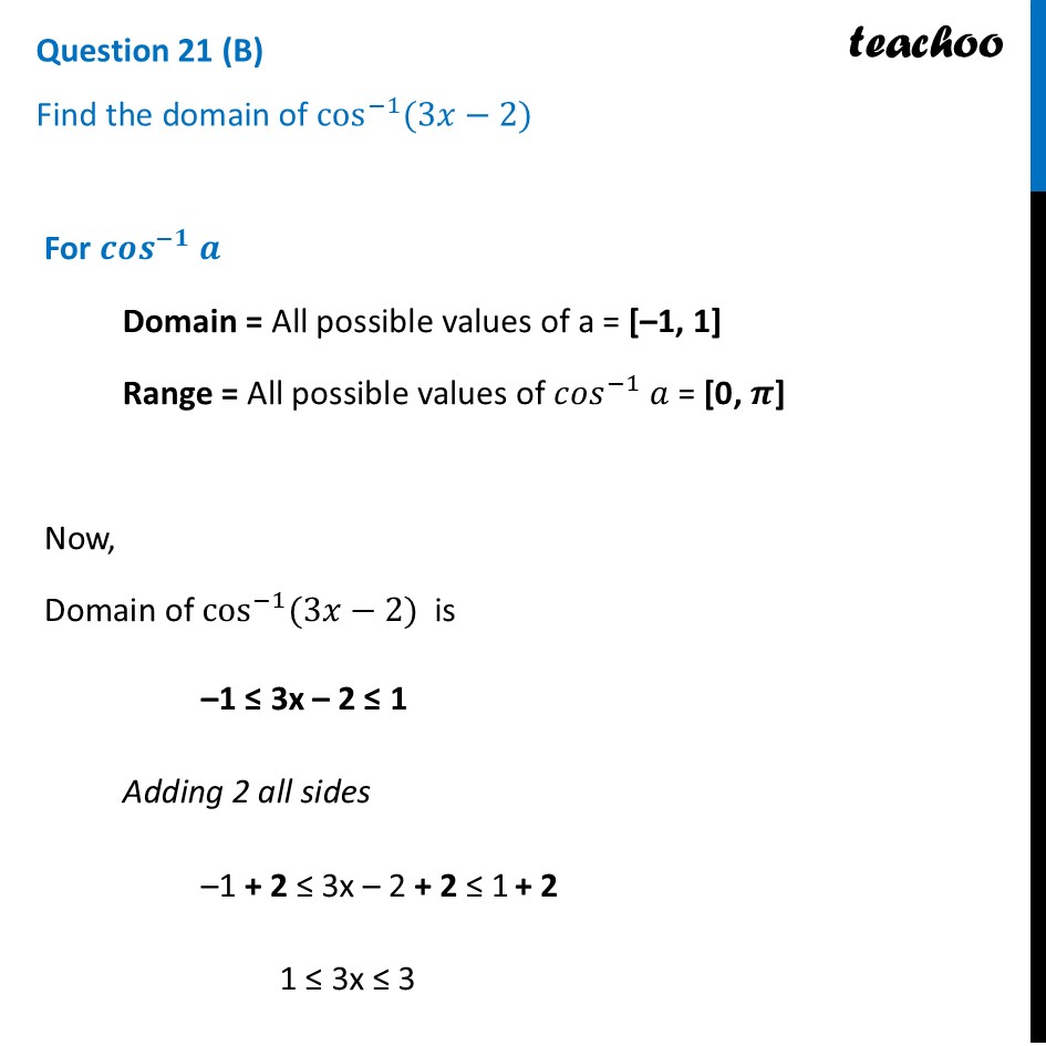 [Maths Sample Paper] Find the domain of cos^(−1) (3𝑥−2) - Class 12