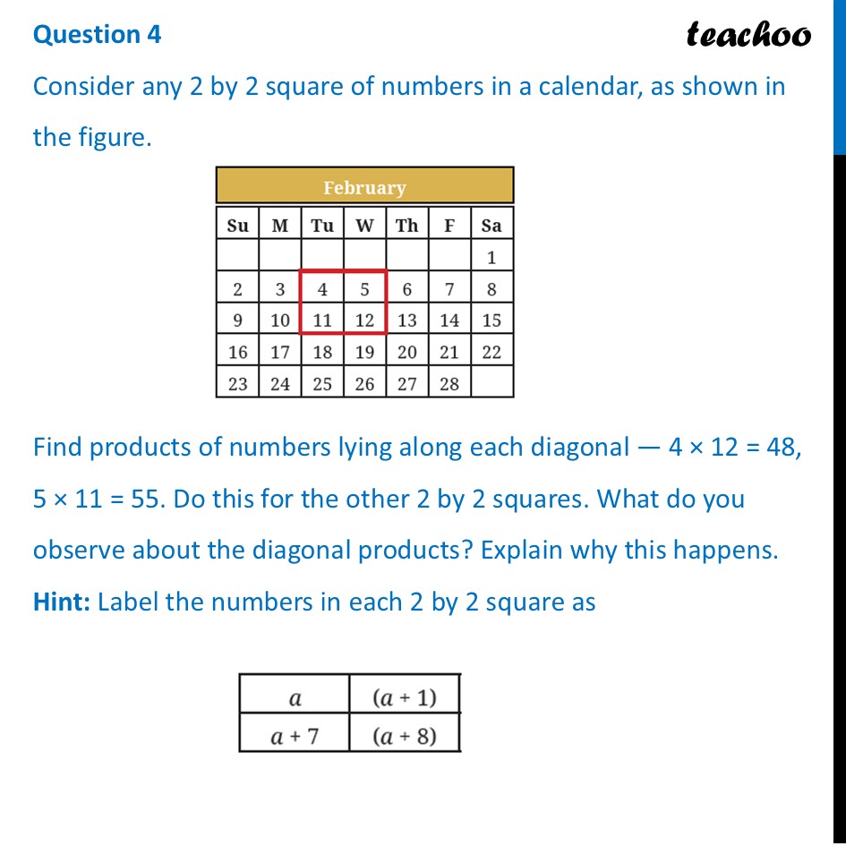 [Maths] Consider any 2 by 2 square of numbers in a calendar as shown