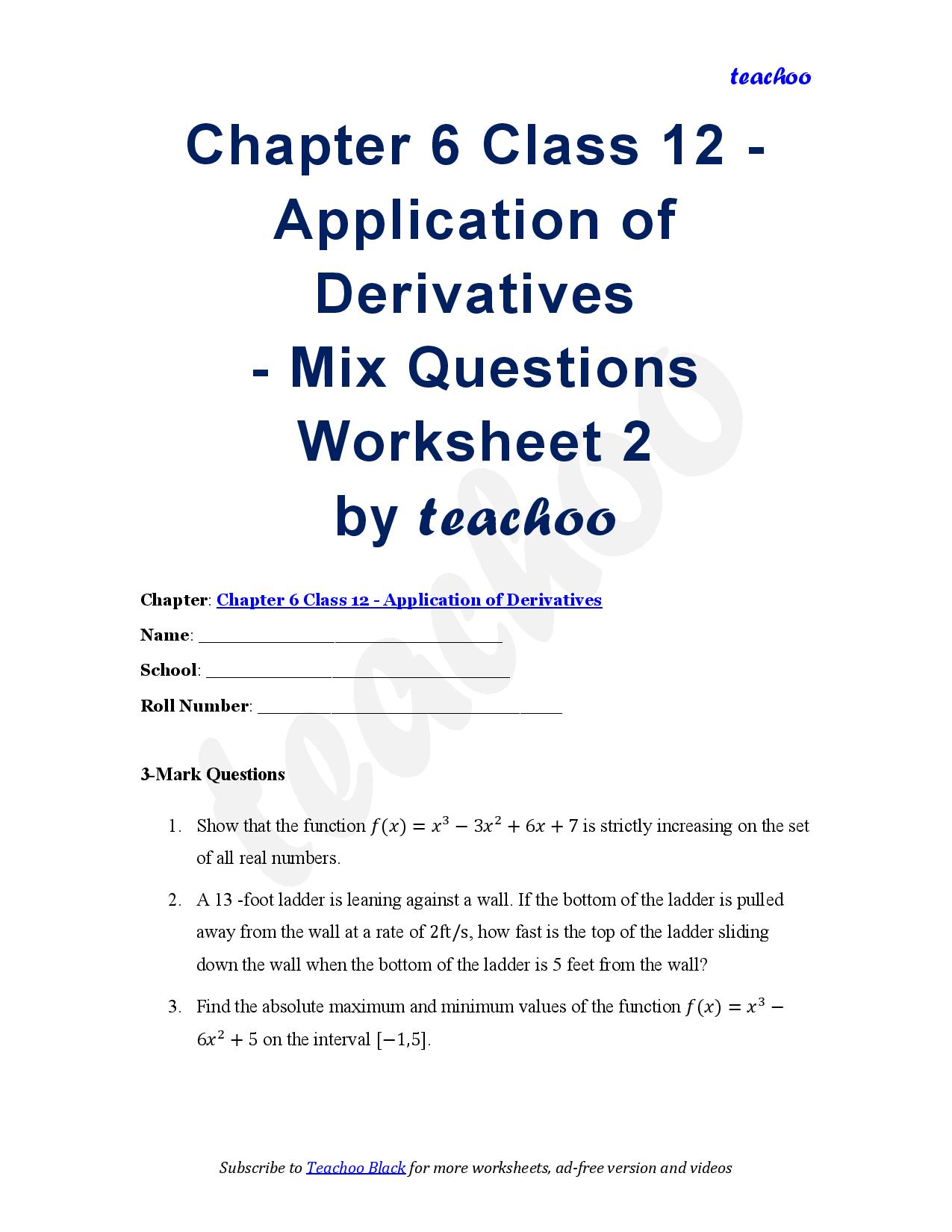 Application of Derivatives – Download PDF Worksheet (with answer)