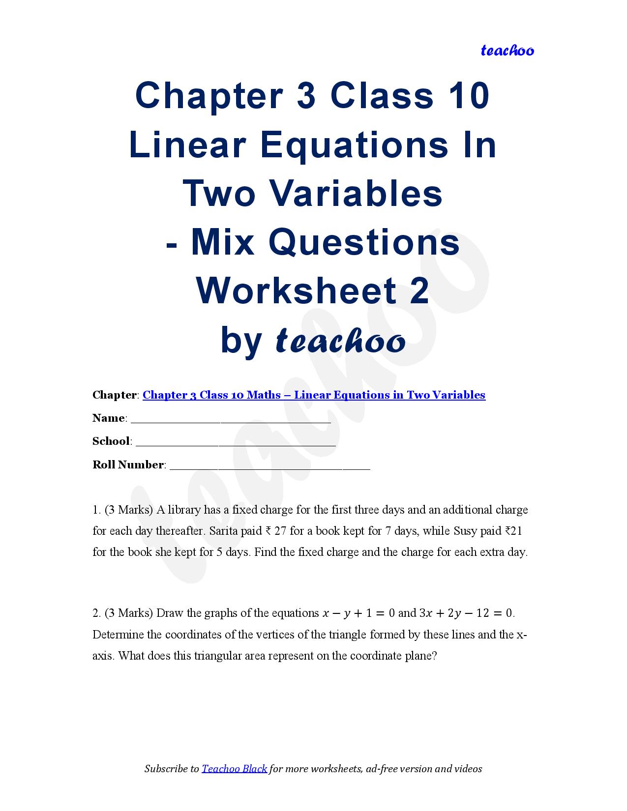 Linear Equation in 2 variables – Download PDF Worksheet (with answer)