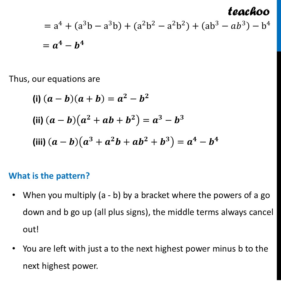 Expand - (i) (a – b) (a + b), (ii) (a – b) (a2 + ab + b2) - Class 8