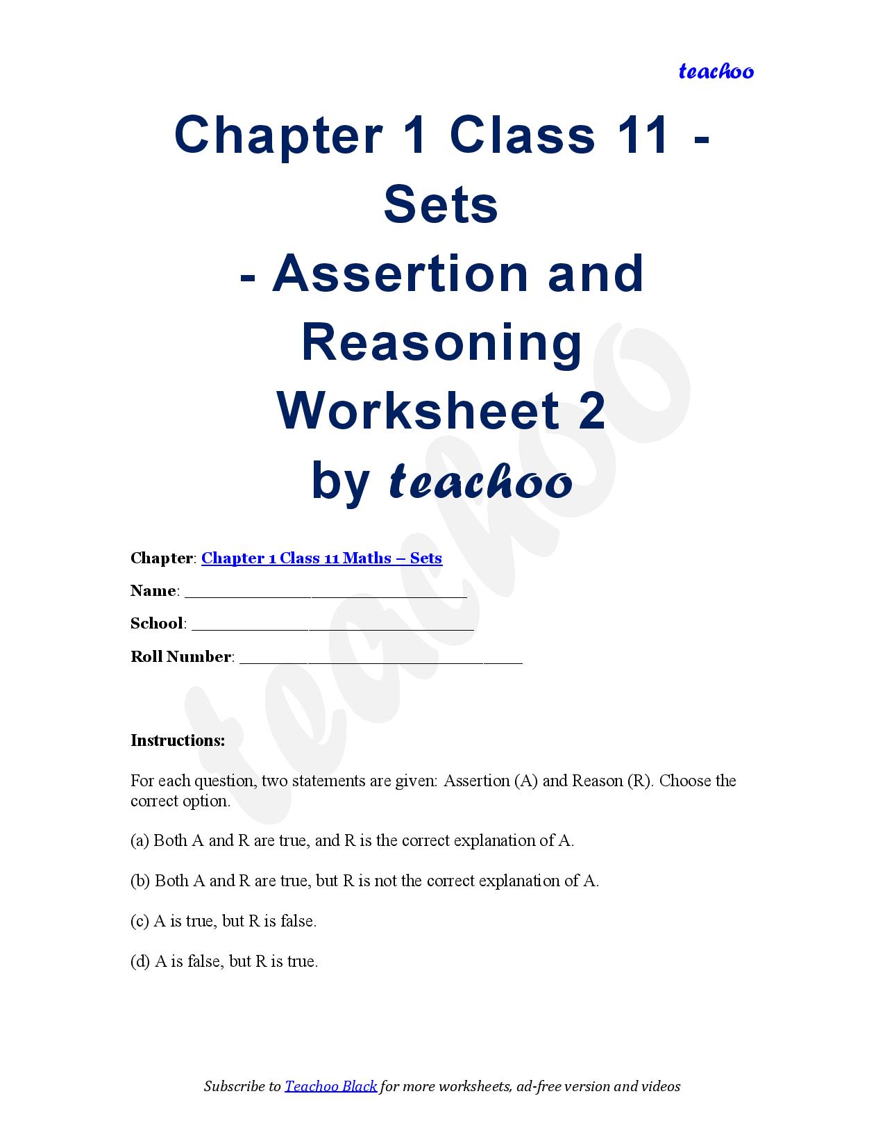 Class 11 Maths Worksheet - Sets - Assertion Reasoning Questions - PDF
