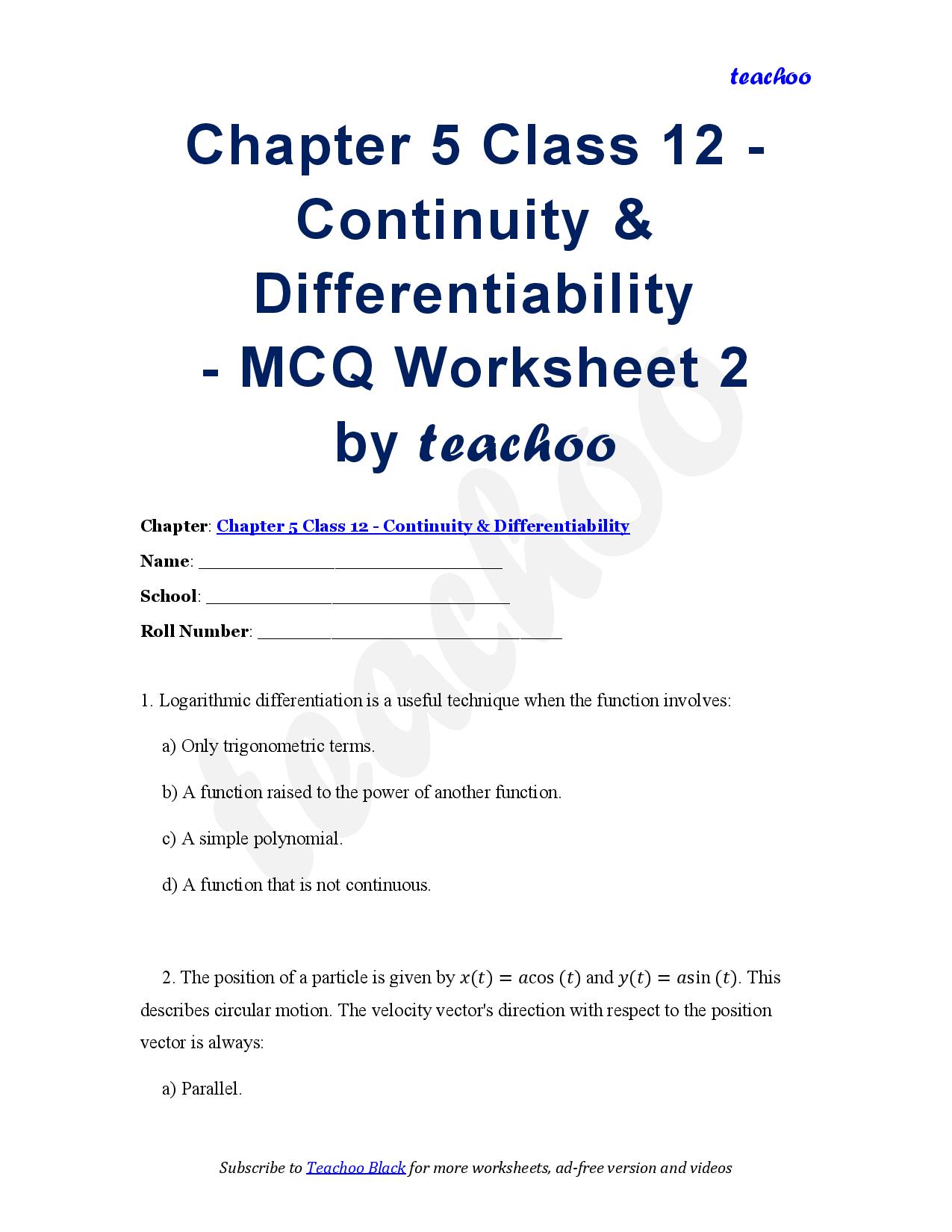 Chapter 5 MCQ Worksheet – Class 12 Continuity & Differentiability