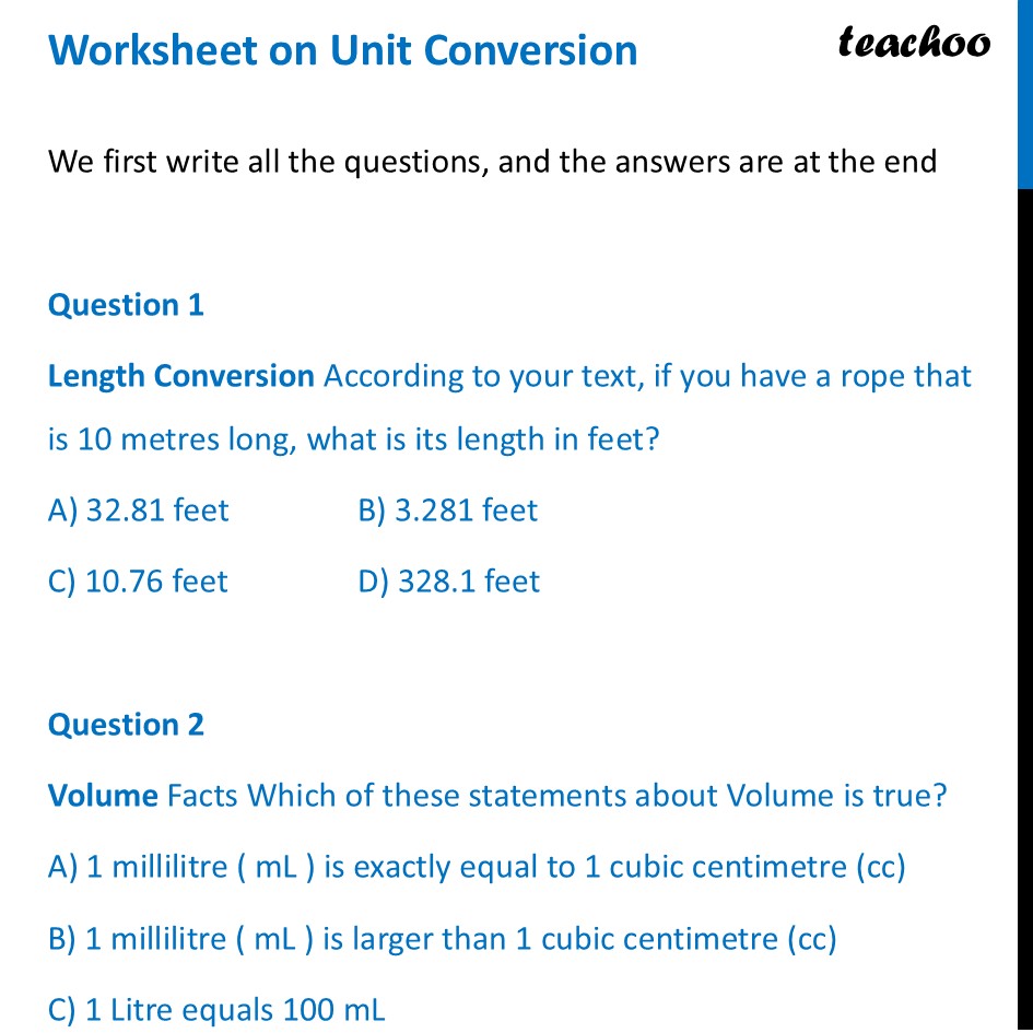 Worksheet on Unit Conversion - 10+Questions (with answers) - Teachoo