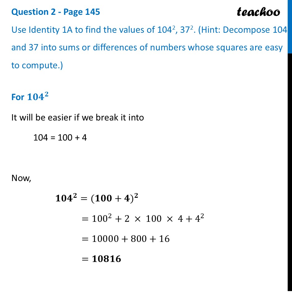 Use Identity 1A to find the values of 1042, 372 - [Ganita Prakash]