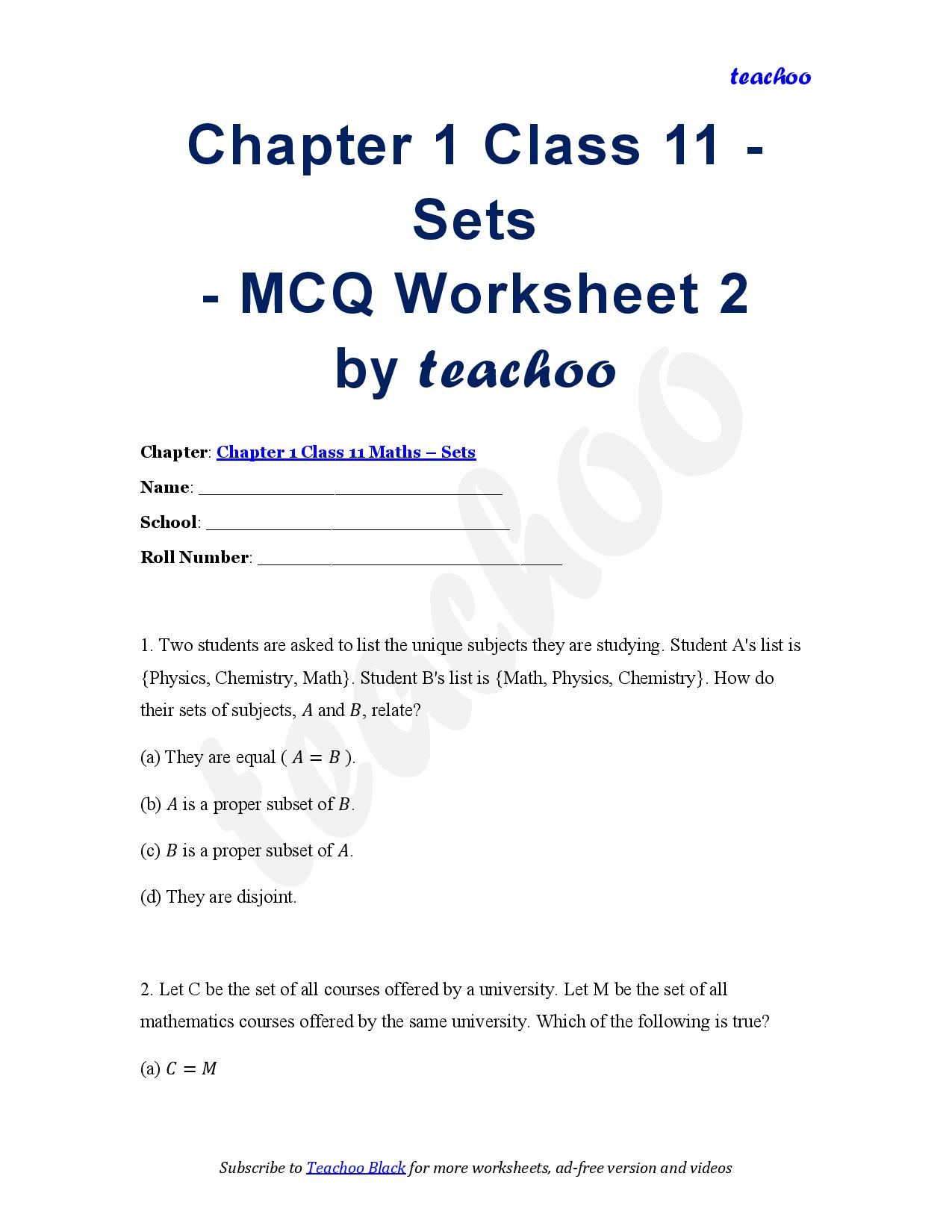 MCQ Questions Worksheet – Class 11 Maths - Ch 1 Sets (with answer)