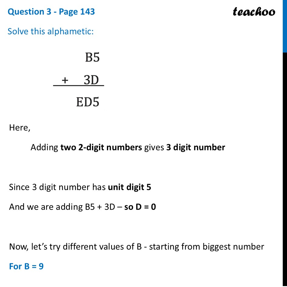 [Chapter 6 Class 7] Solve this alphametic: B5 + 3D = ED5