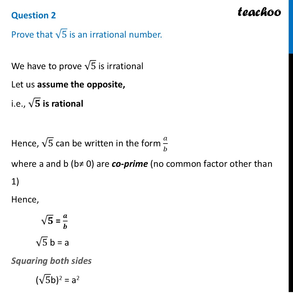 Prove that √5 is an irrational number - Steps with Video [Class 9]