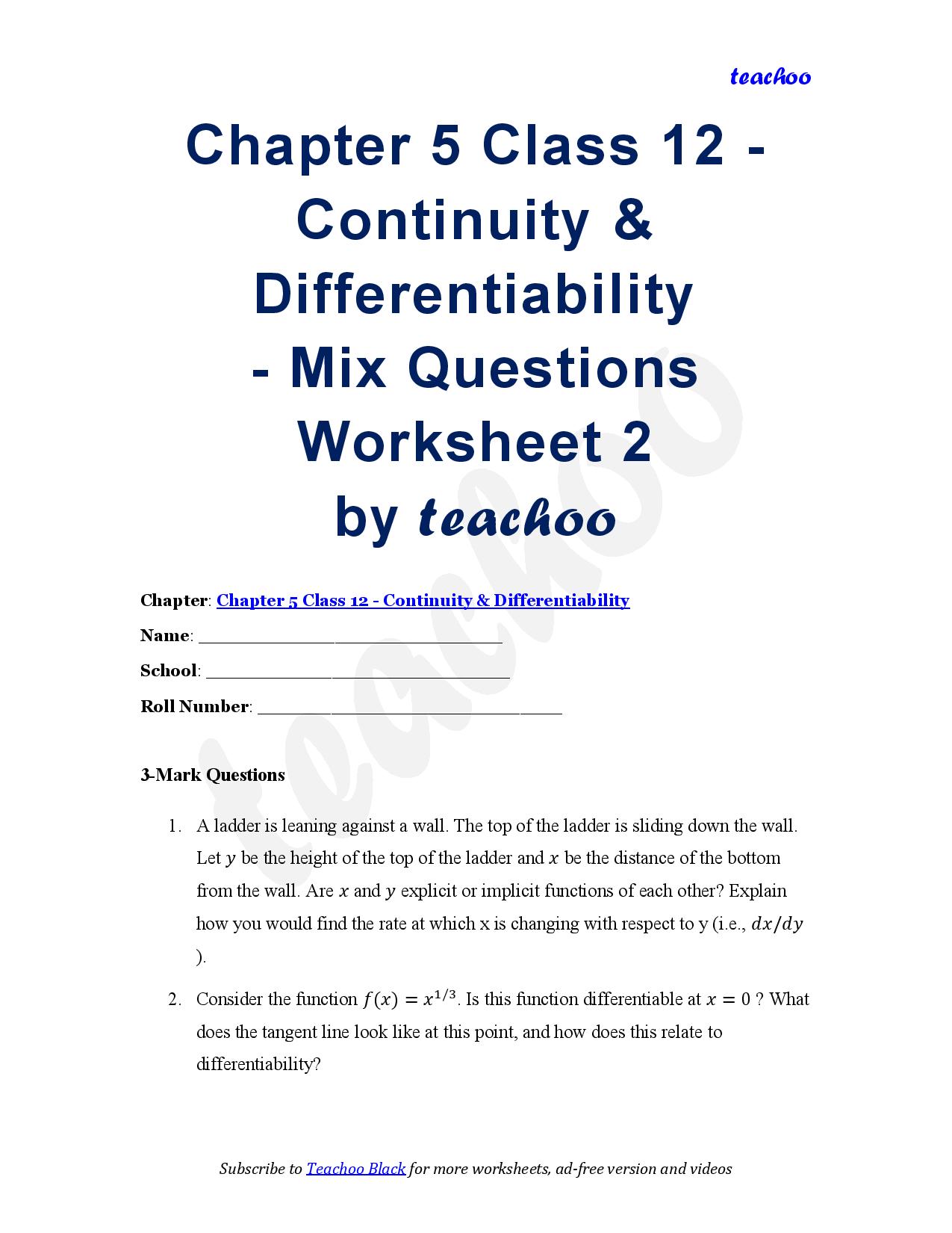 Chapter 5 Class 12 Continuity & Differentiability – Worksheet PDF