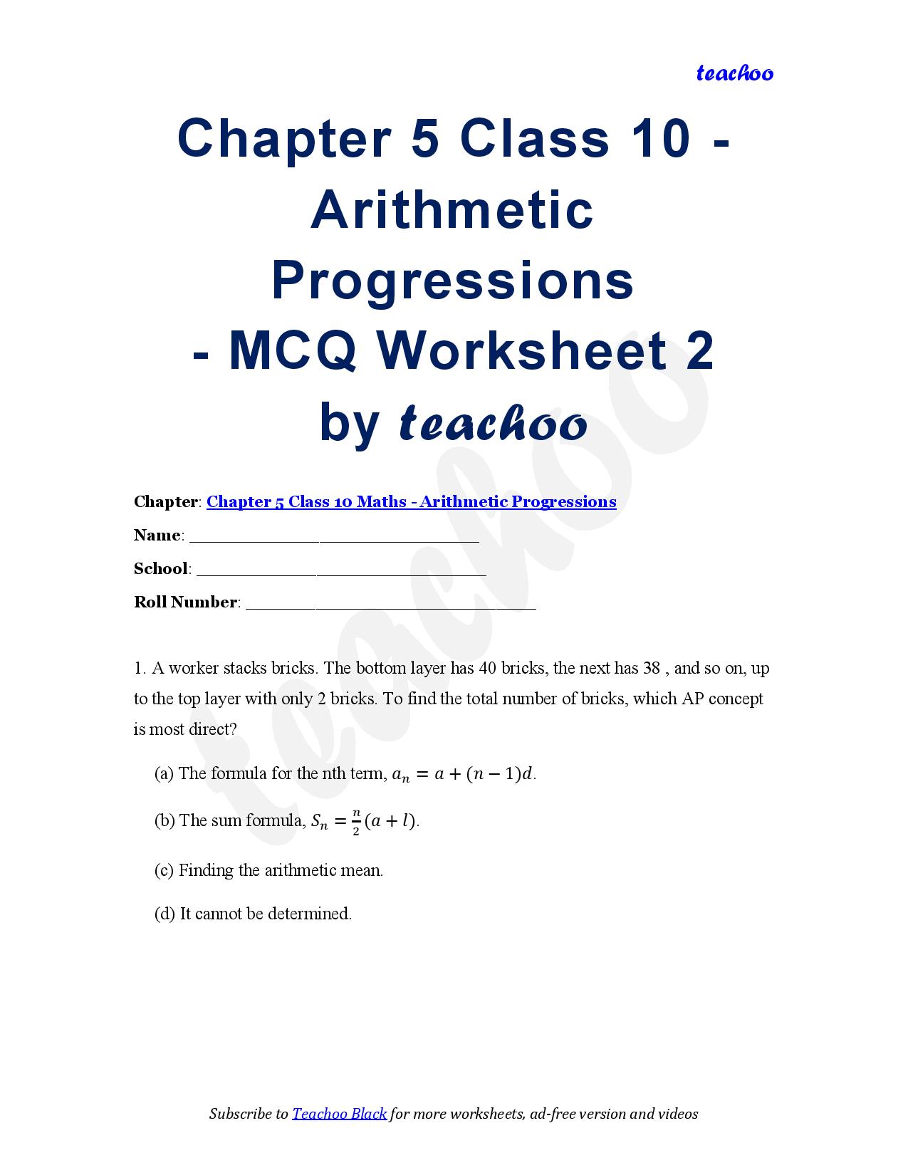 MCQ Questions Worksheet – Class 10 - Arithmetic Progressions (PDF)