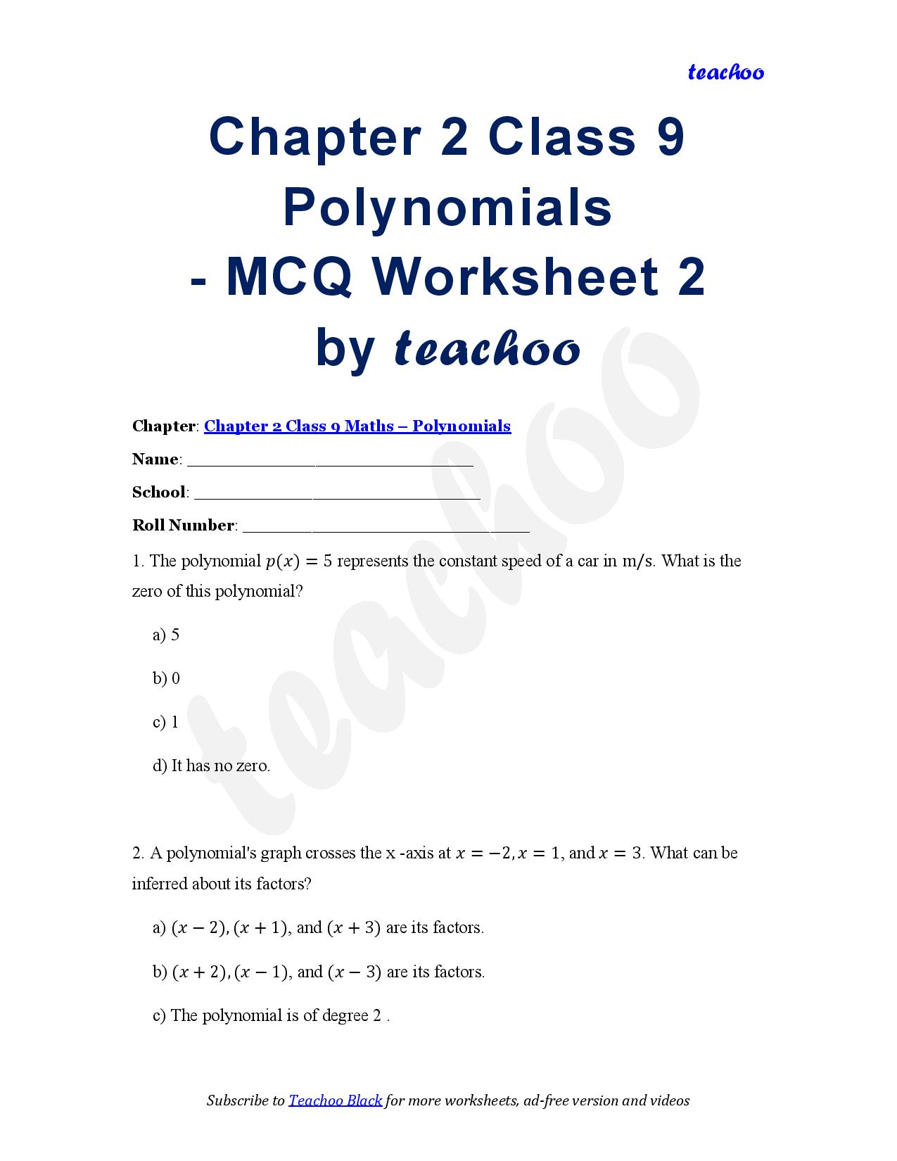 MCQ Questions Worksheet – Class 9 Maths - Polynomials (with answer)