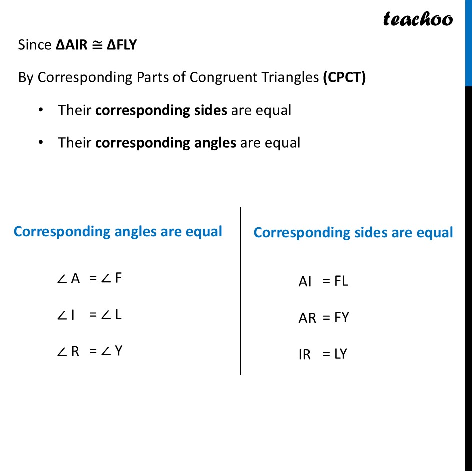 ΔAIR ≅ ΔFLY. Identify the corresponding vertices, sides and angles