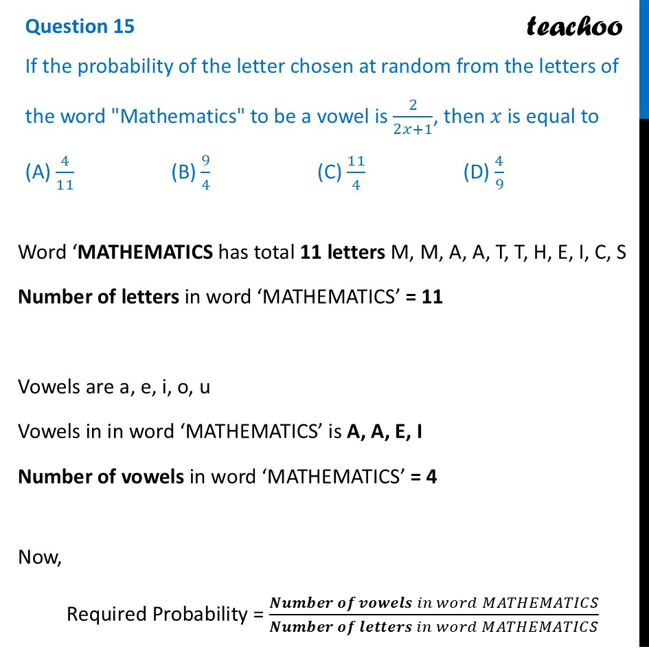 If probability of letter chosen at random from letters of MATHEMATICS