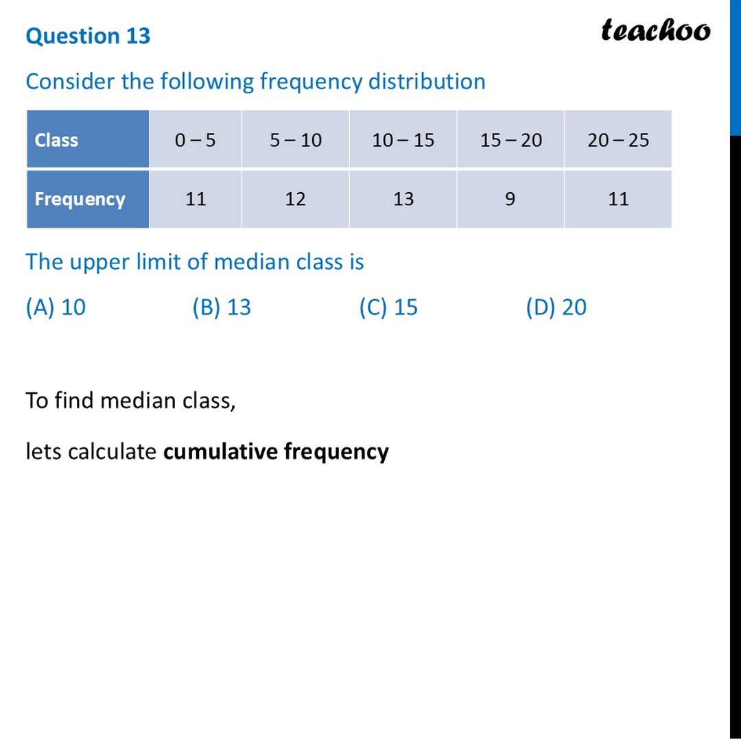 [Class 10] The upper limit of median class is (A) 10 (B) 13