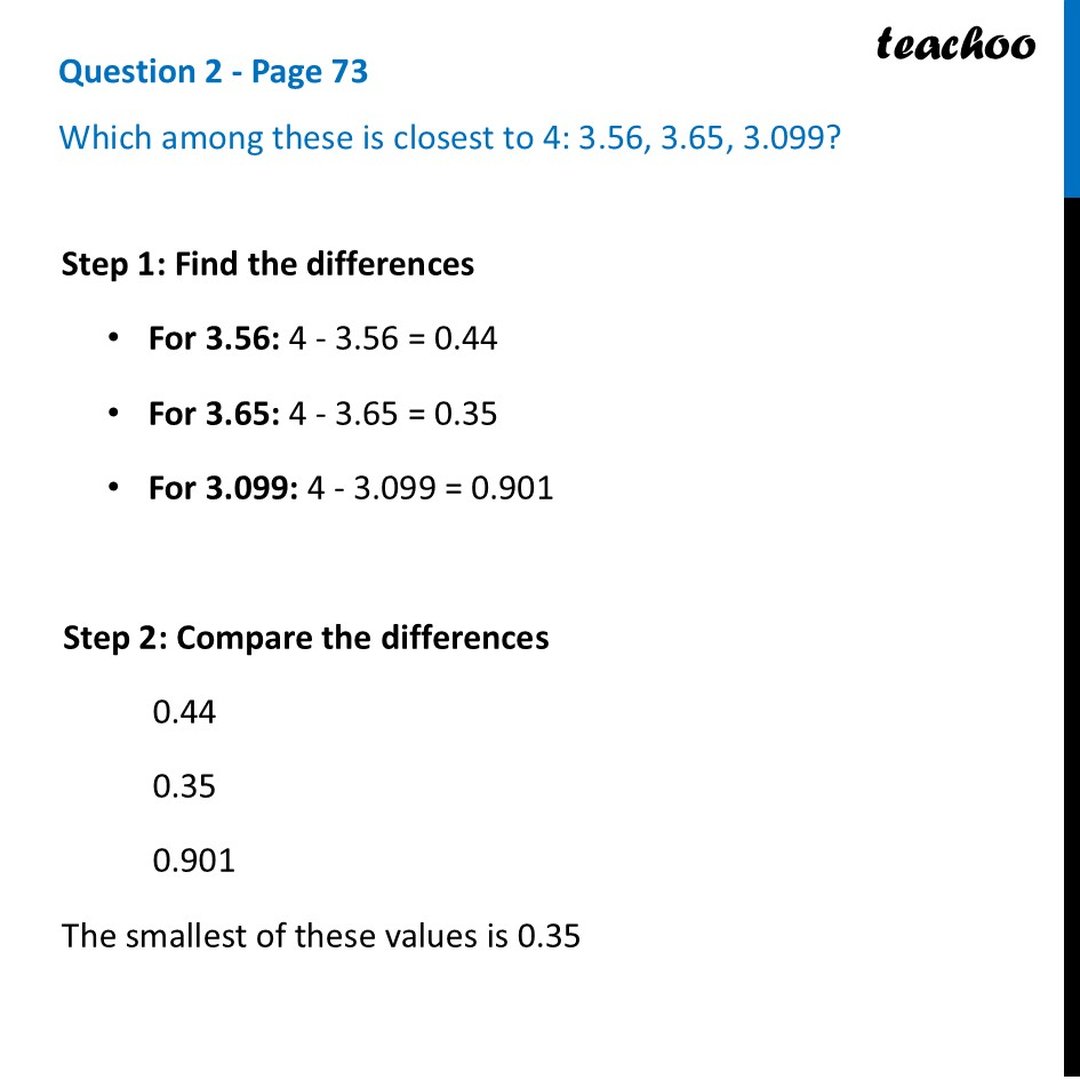 Which among these is closest to 4: 3.56, 3.65, 3.099? - Teachoo