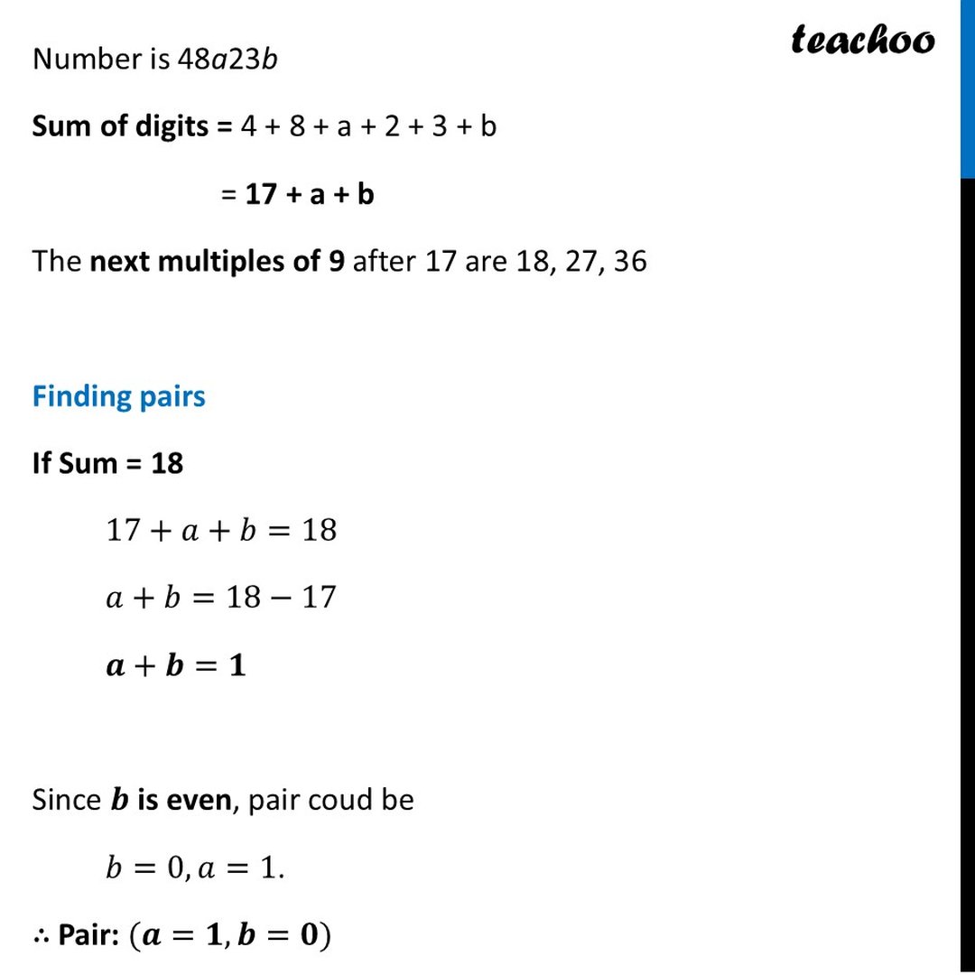 If 48a23b is a multiple of 18, list all possible pairs of values for a