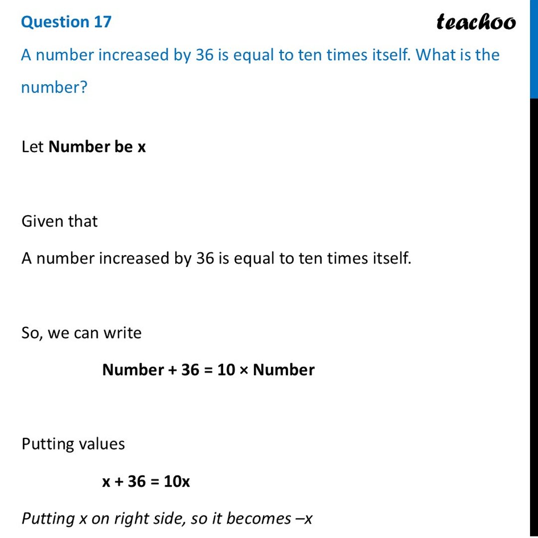 [Class 7 Maths] A number increased by 36 is equal to ten times itself