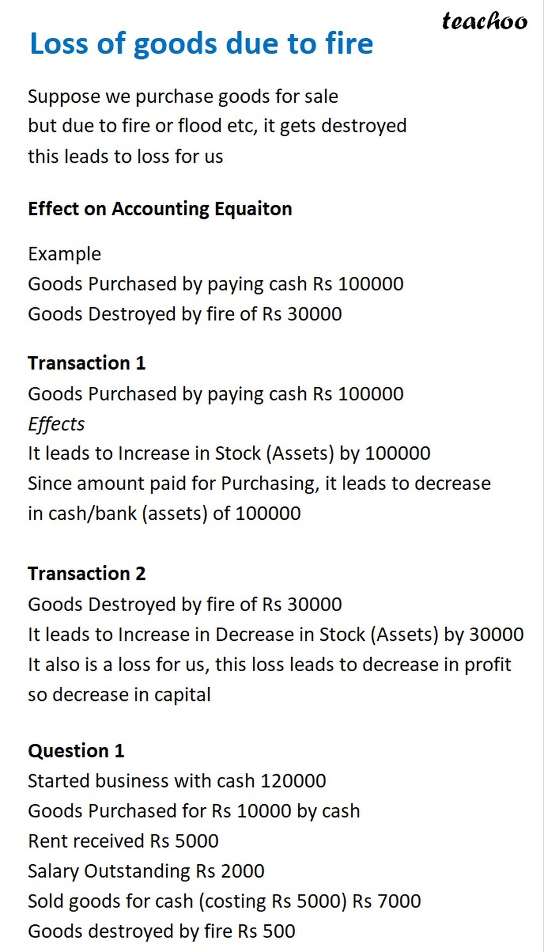 Loss of Goods Due to Fire [Class 11 Accounting Equation] - TS Grewal
