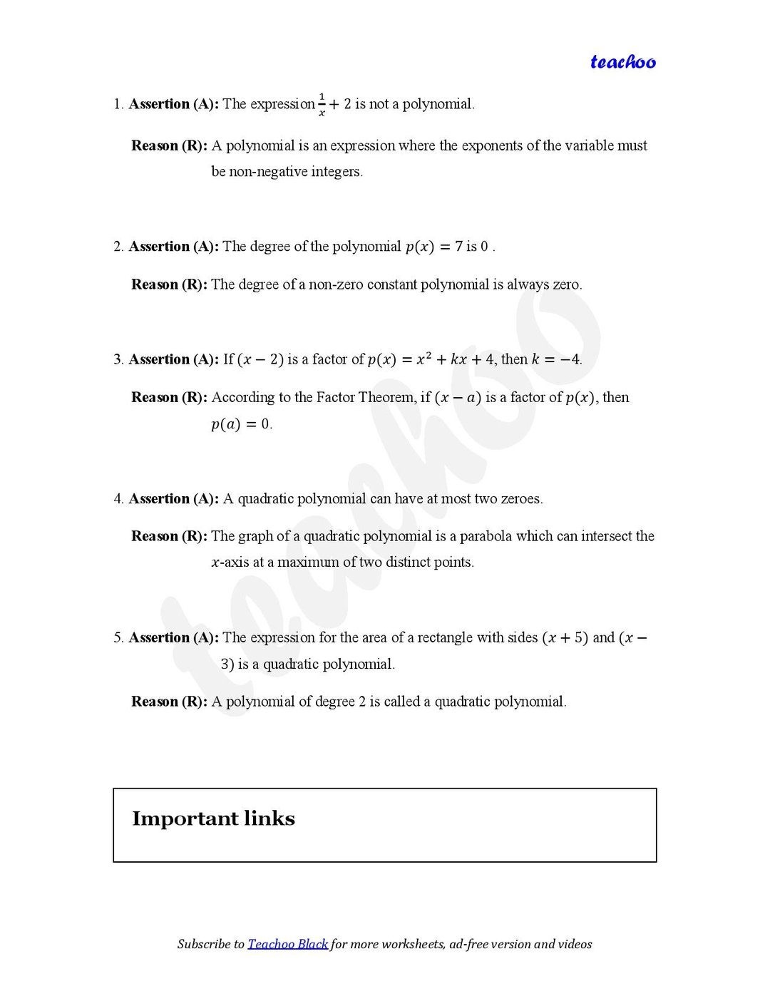 Assertion Reasoning Questions – Download PDF - Polynomials Class 9
