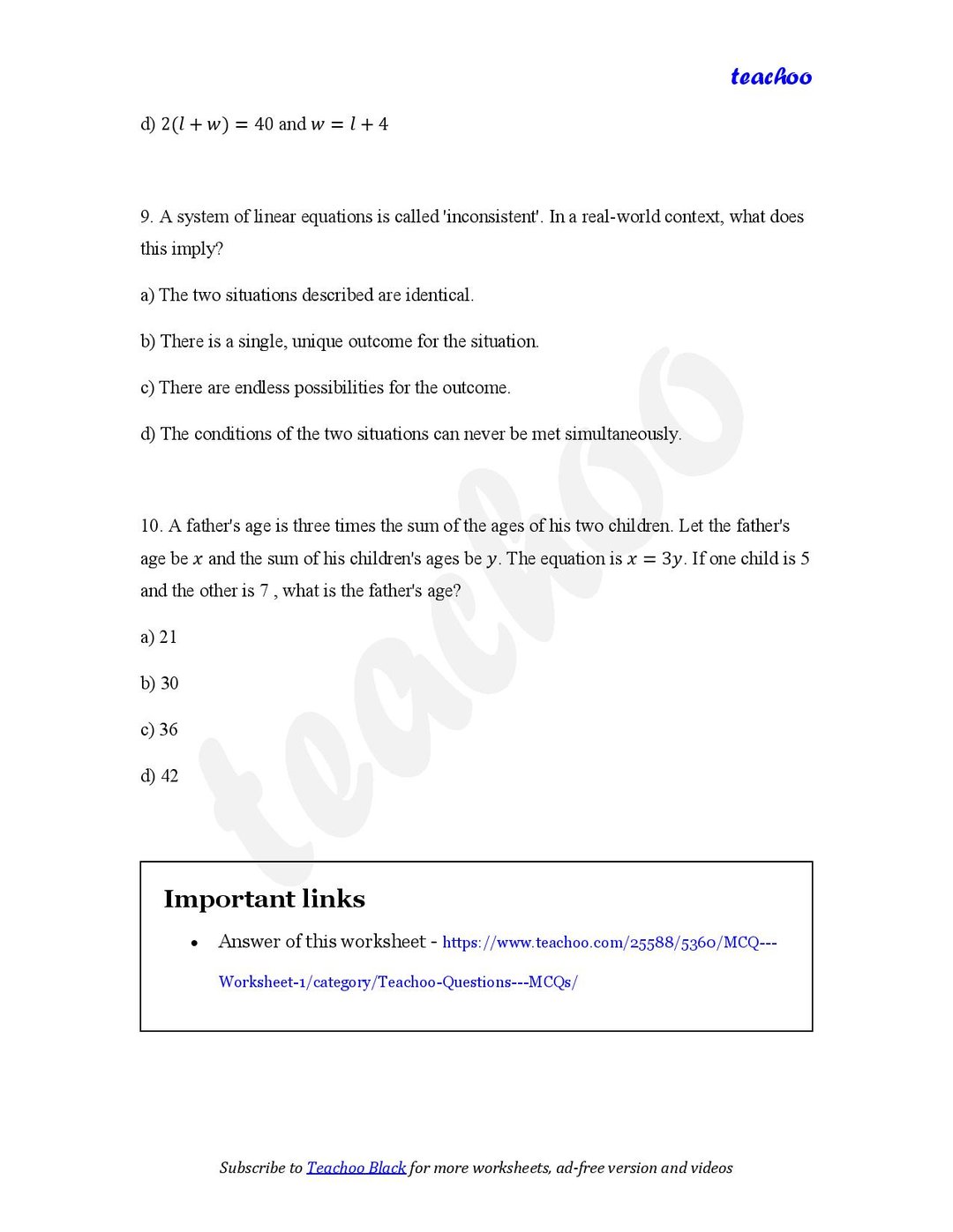 Linear Equation in 2 variables MCQs – Download PDF Worksheet Class 10