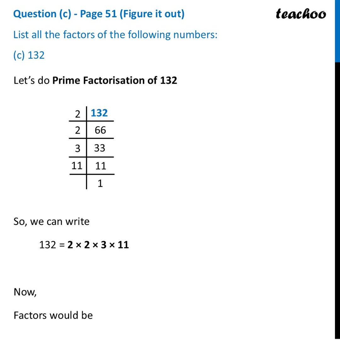 [Ganita Prakash] List all the factors of the numbers (c) 132 - Class 7
