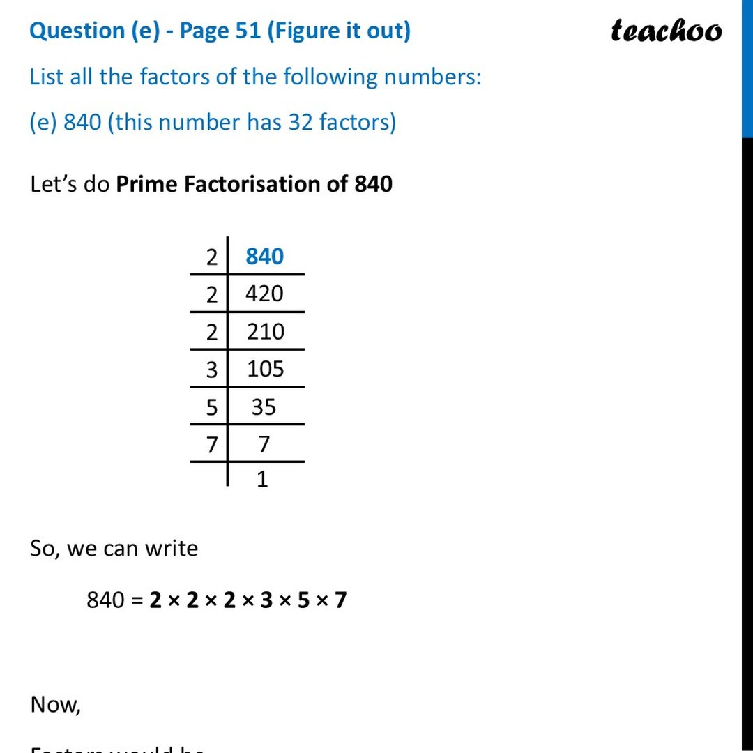 List all the factors of numbers (e) 840 [Ganita Prakash Class 7]