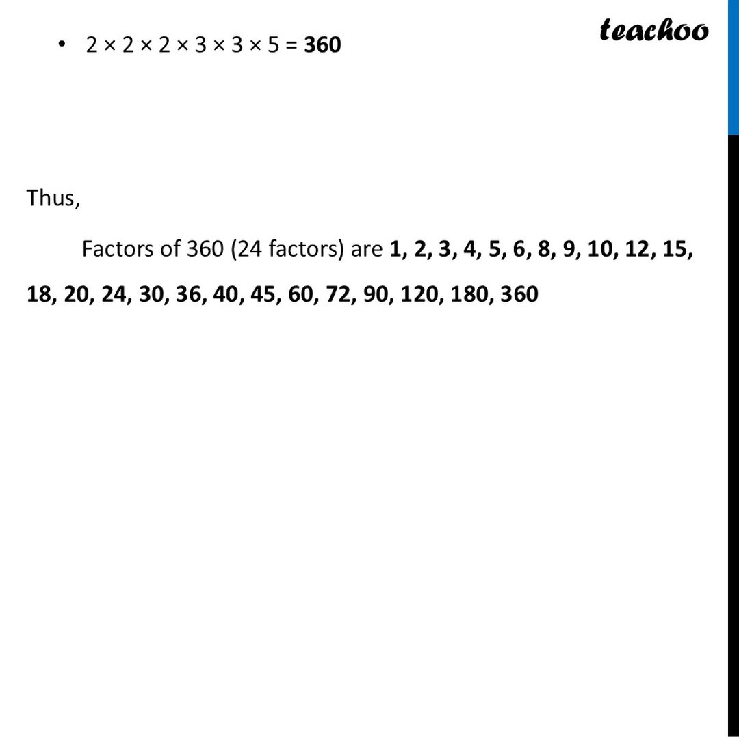 List all the factors of numbers (d) 360 [Class 7 Maths] - Prime Factor