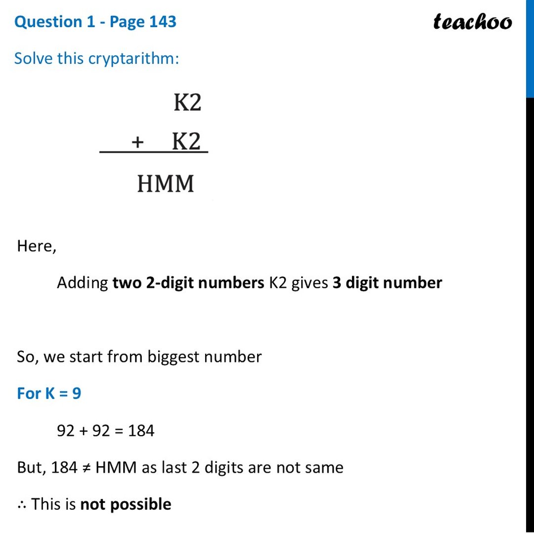 [Class 7] Solve this cryptarithm: K2 + K2 = HMM - Teachoo