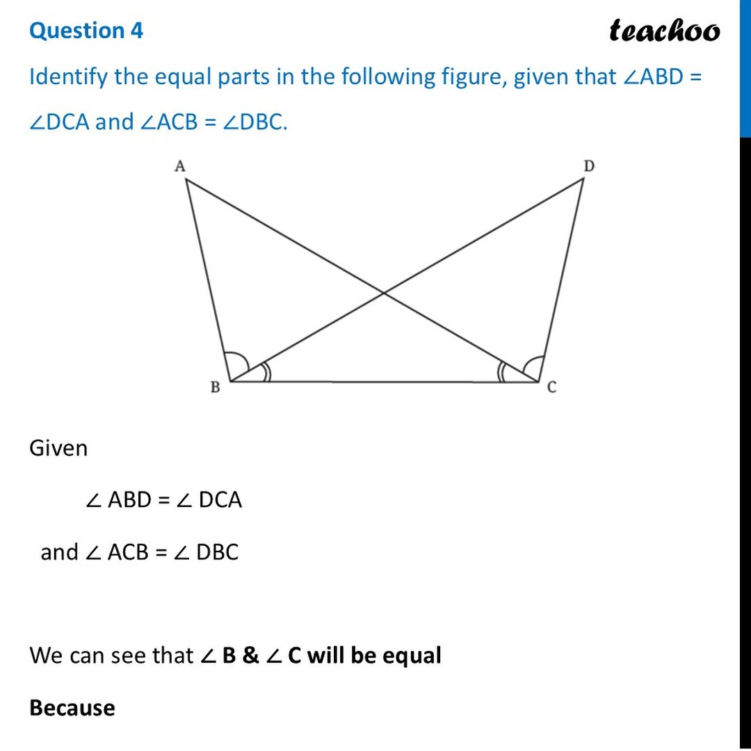 Identify the equal parts in the following figure, given that ∠ABD