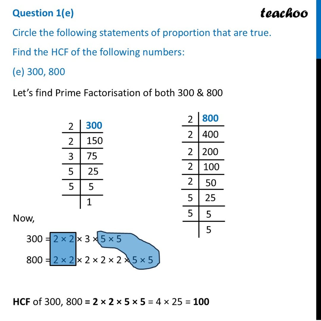 Find the HCF of the numbers (e) 300, 800 [Class 7 Ganita Prakash]