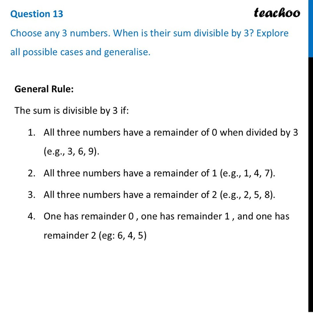 Choose any 3 numbers. When is their sum divisible by 3? Explore all