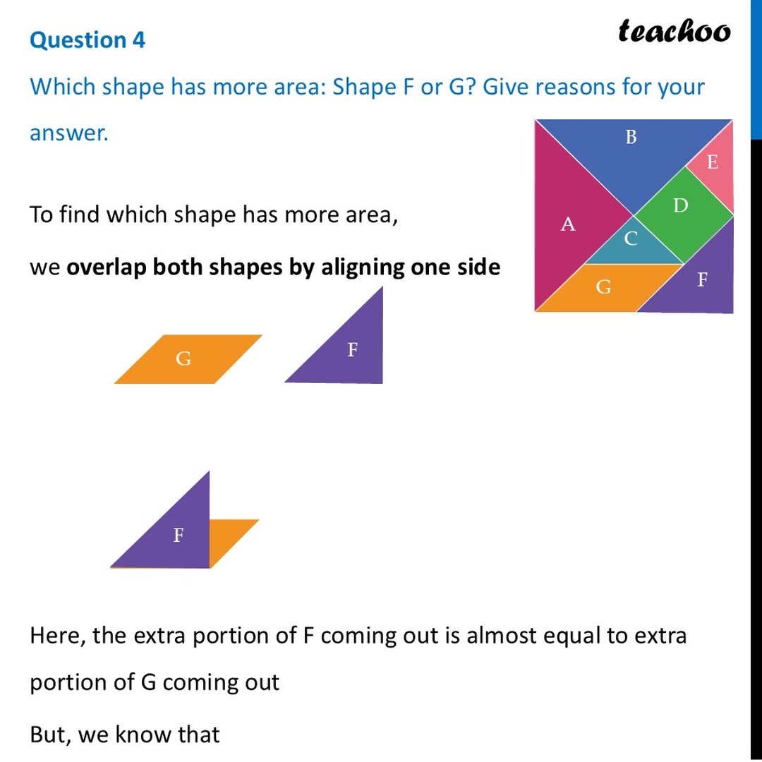 Which shape has more area: Shape F or G? Give reasons for your answer.