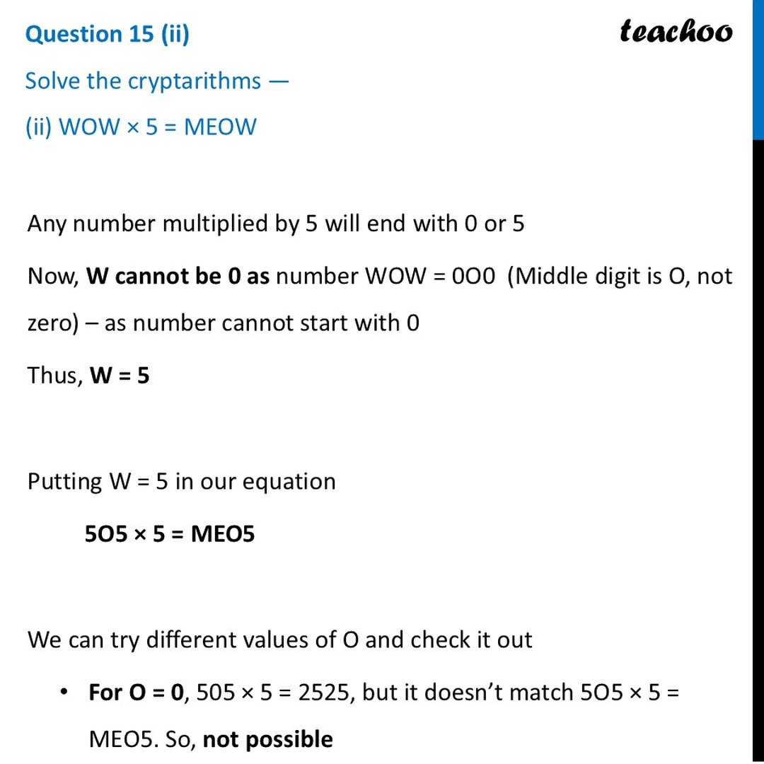 [Class 8] Solve the cryptarithms: (i) EF × E = GGG (ii) WOW × 5 = MEOW
