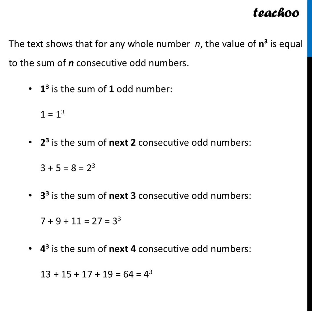 Perfect Cubes and Consecutive Odd Numbers - Pattern with Explanation