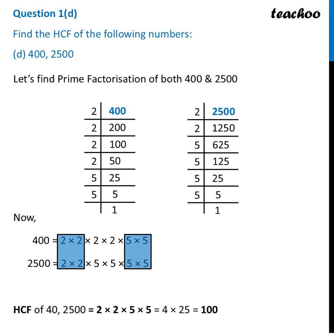 [Class 7 Ganita] Find the HCF of the numbers (d) 400, 2500