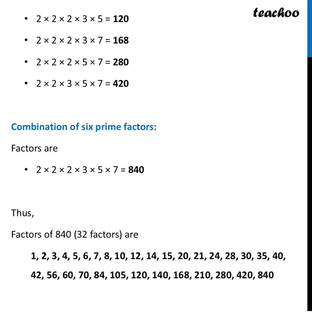 List all the factors of numbers (e) 840 [Ganita Prakash Class 7]