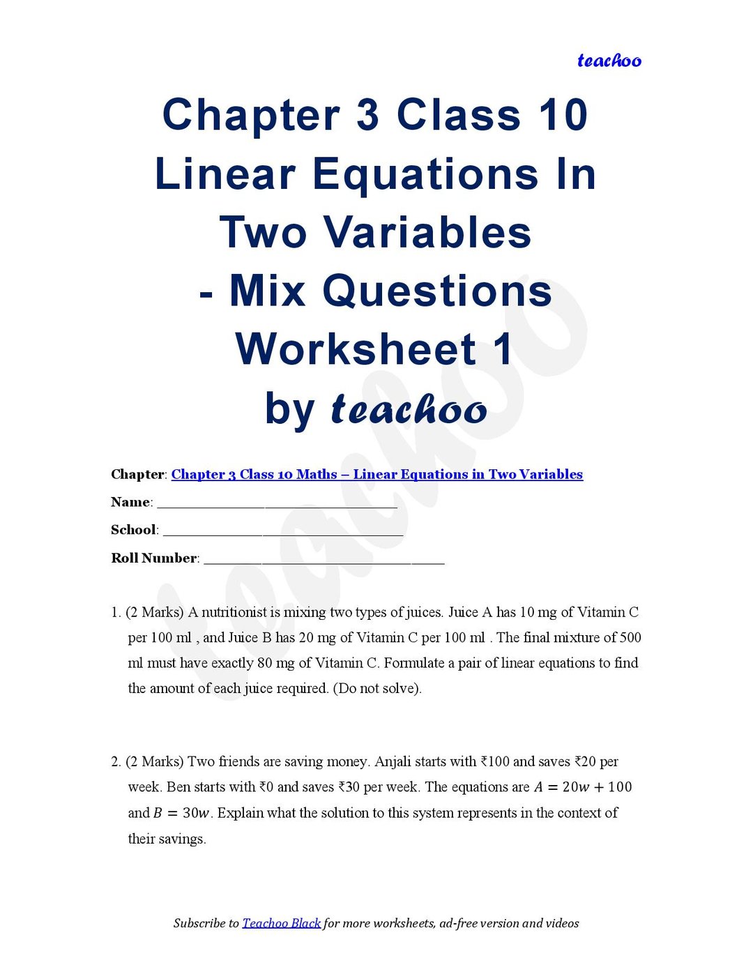 Linear Equation in 2 variables - Practice Questions (Download PDF)