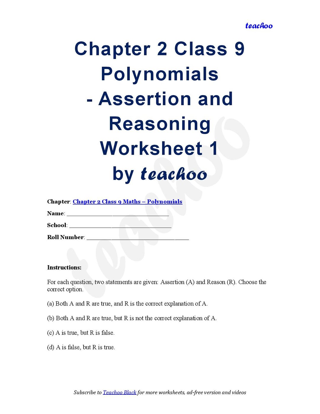 Assertion Reasoning Questions – Download PDF - Polynomials Class 9