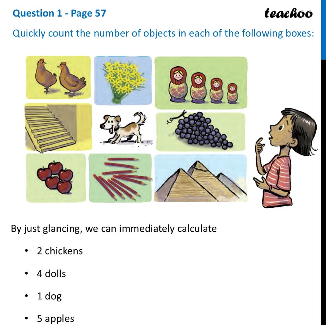 Quickly count the number of objects in each of the following boxes: