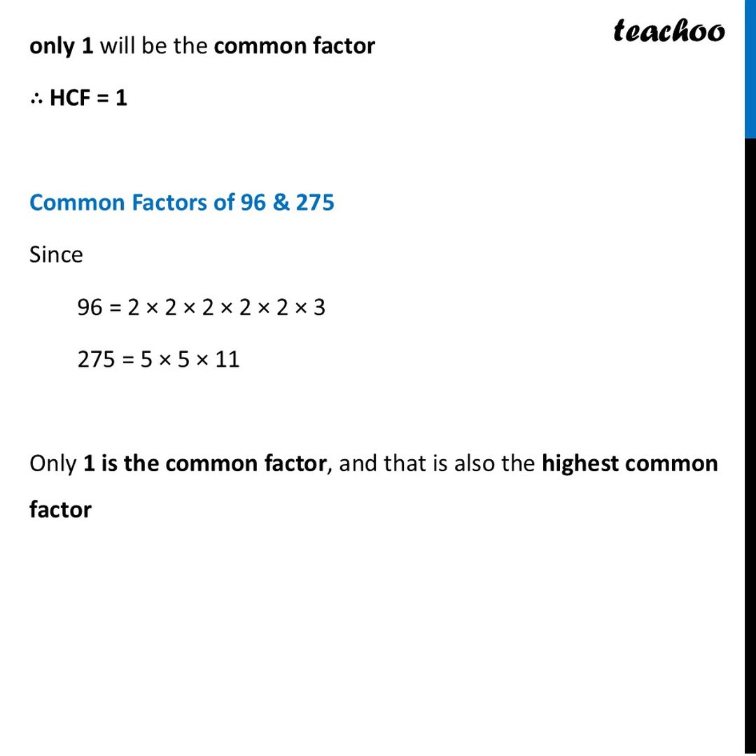 Find the common factors and the HCF of 96 and 275 [Class 7 Part 2]