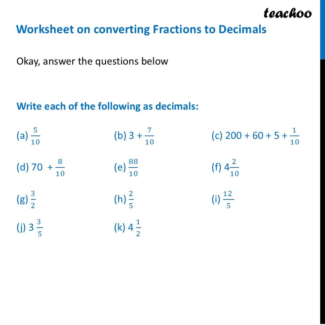 Worksheet on converting Fractions to Decimals [with Solutions]