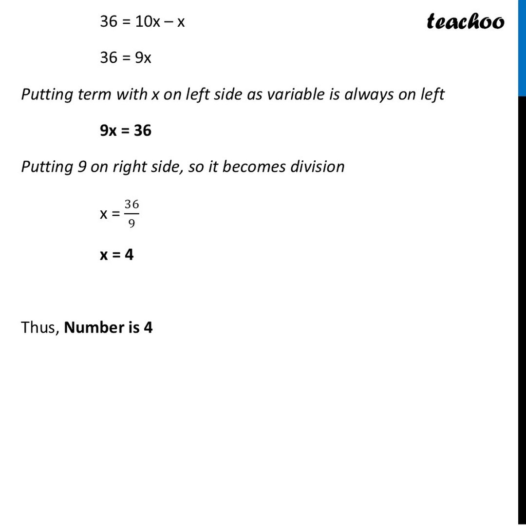 [Class 7 Maths] A number increased by 36 is equal to ten times itself
