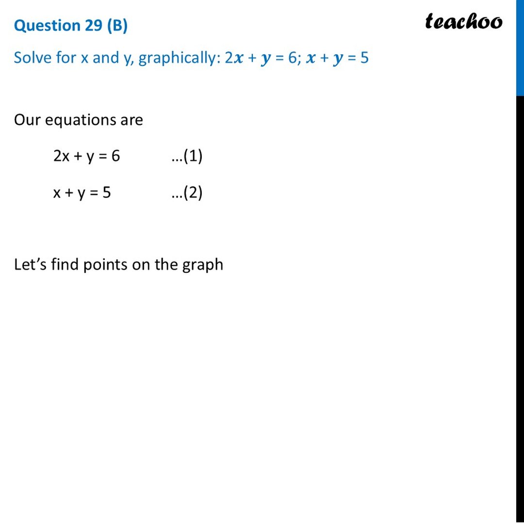 Solve for x and y, graphically: 2𝒙 + 𝒚 = 6; 𝒙 + 𝒚 = 5 - CBSE Class 10