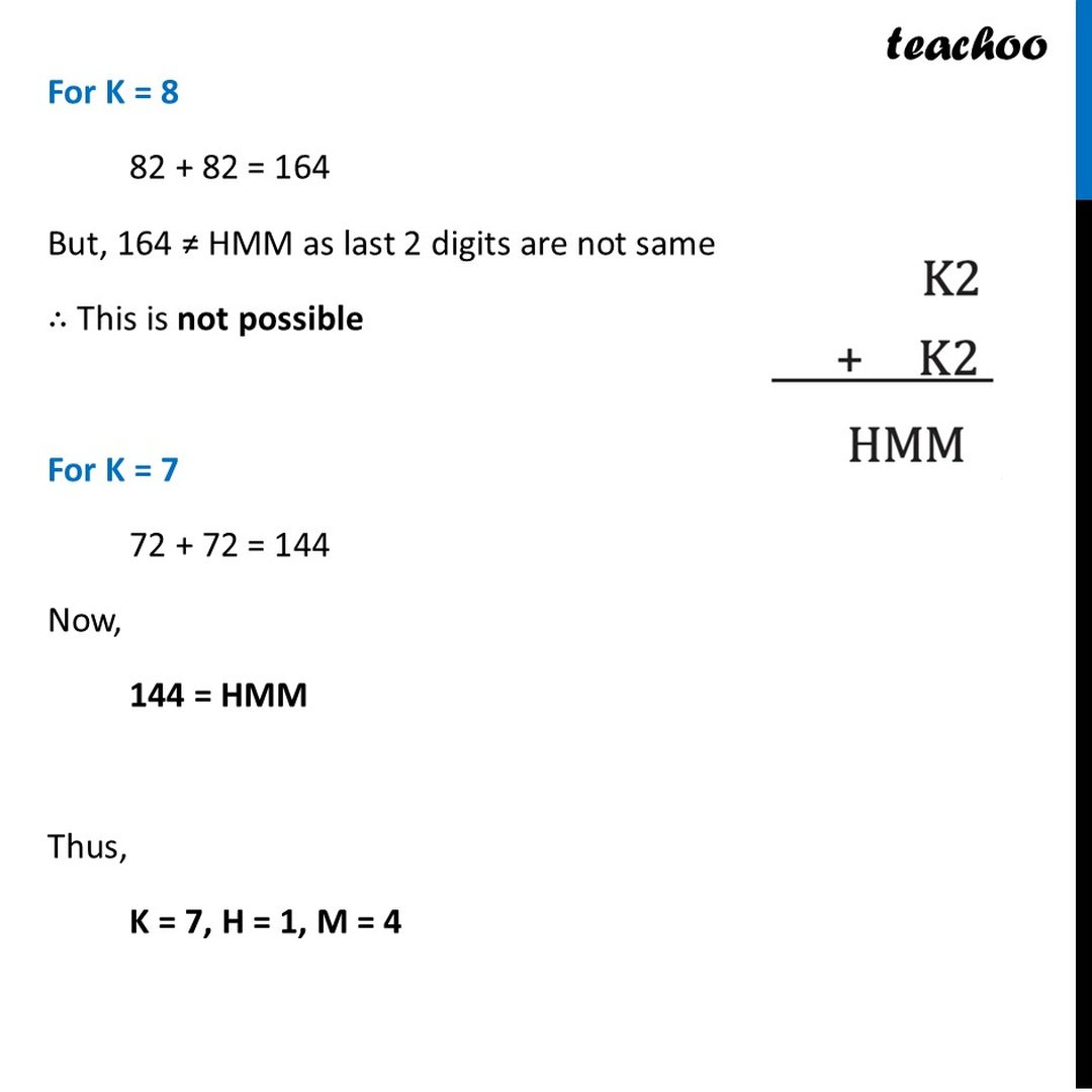 [Class 7] Solve this cryptarithm: K2 + K2 = HMM - Teachoo