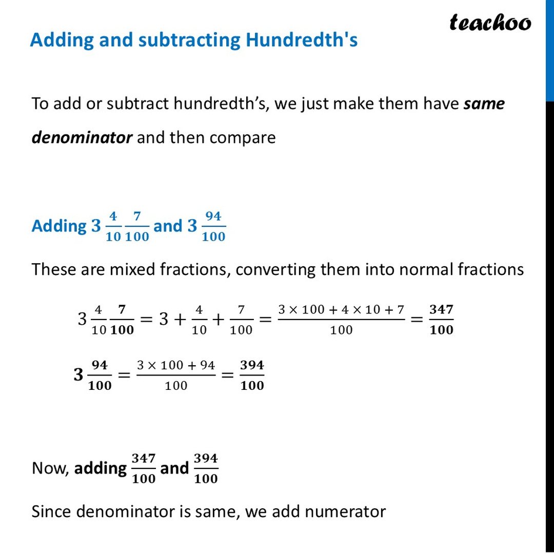Adding and subtracting Hundredth's - with Examples - Decimals Teachoo