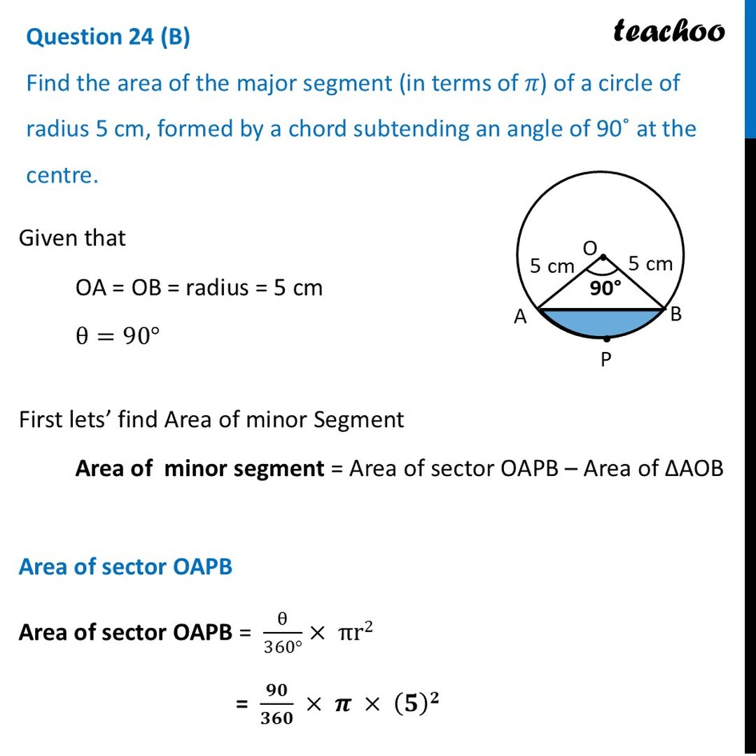 Find the area of the major segment (in terms of 𝜋) of a circle of