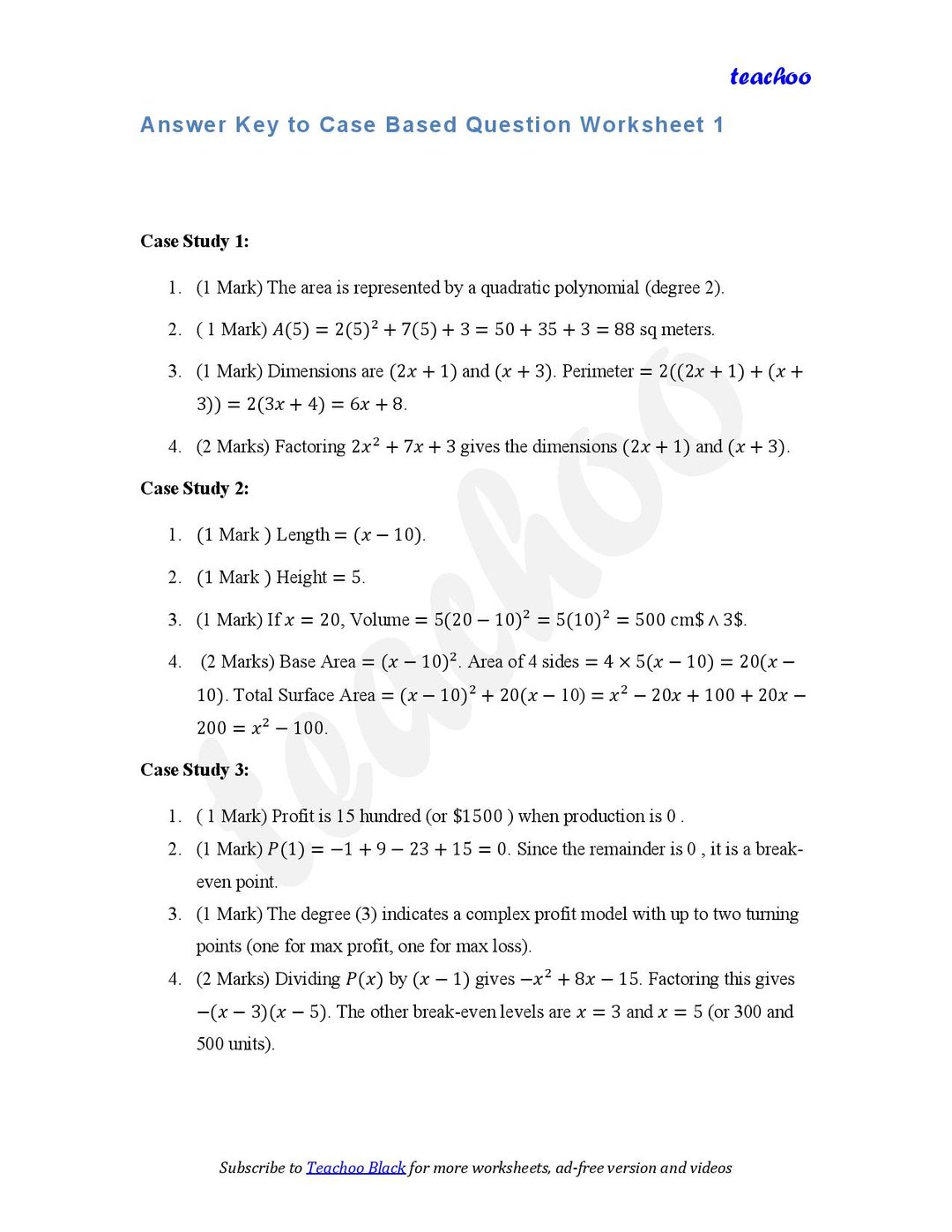 Polynomials Class 9 - Case Based Questions Worksheet - Download PDF