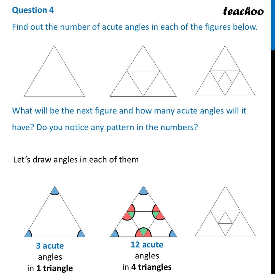 Find out the number of acute angles in each of the figures below.