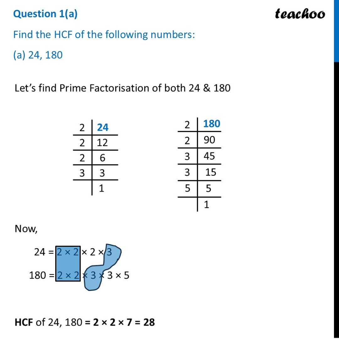 Find the HCF of the following numbers (a) 24, 180 [Ganita Prakash II]